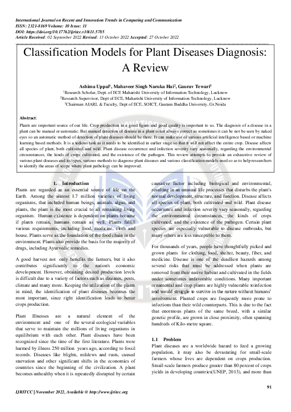 Pdf Classification Models For Plant Diseases Diagnosis A Review
