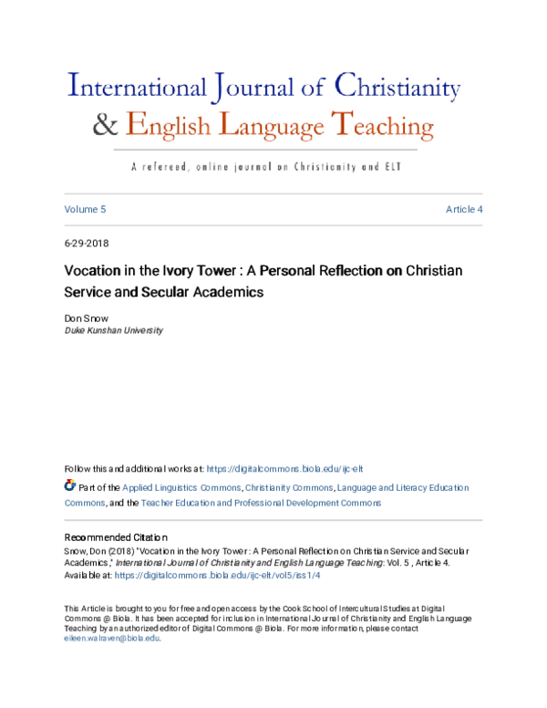 (PDF) Vocation in the Ivory Tower : A Personal Reflection on Christian ...