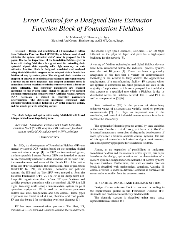 (PDF) Error Control for a Designed State Estimator Function Block of ...