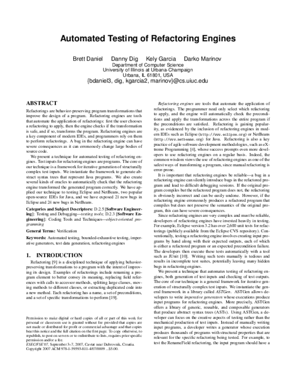 Pdf Automated Testing Of Refactoring Engines Kely Garcia