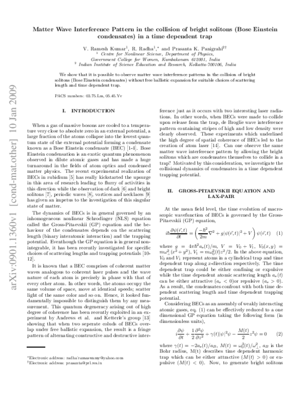 (PDF) Matter wave interference pattern in the collision of bright solitons