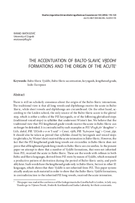 (PDF) The Accentuation of Balto-Slavic Vrddhi Formations and the Origin ...