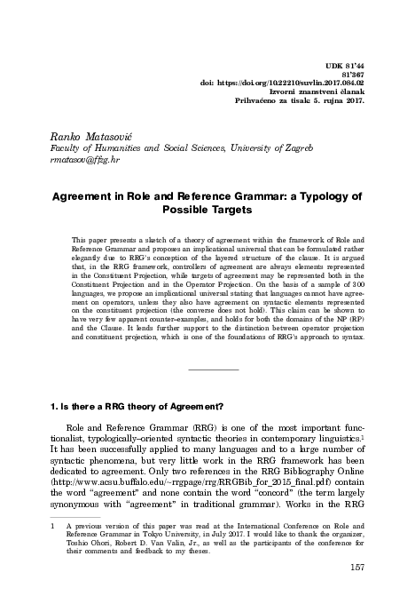 (PDF) Agreement in Role and Reference Grammar: a Typology of Possible ...