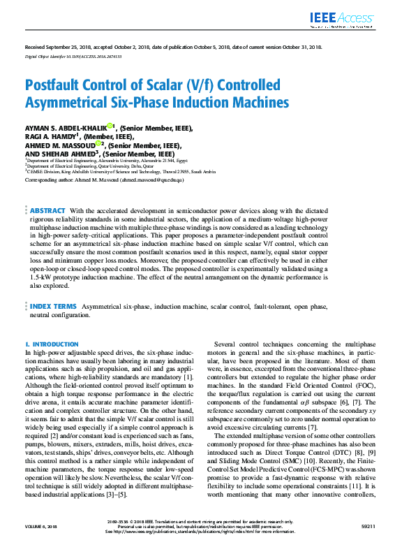 (PDF) Postfault Control of Scalar (V/f) Controlled Asymmetrical Six-Phase Induction Machines
