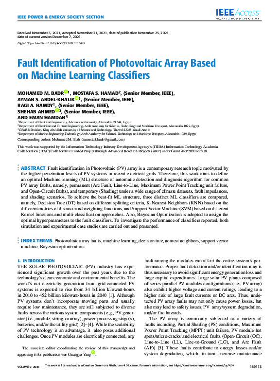 Pdf Fault Identification Of Photovoltaic Array Based On Machine Learning Classifiers