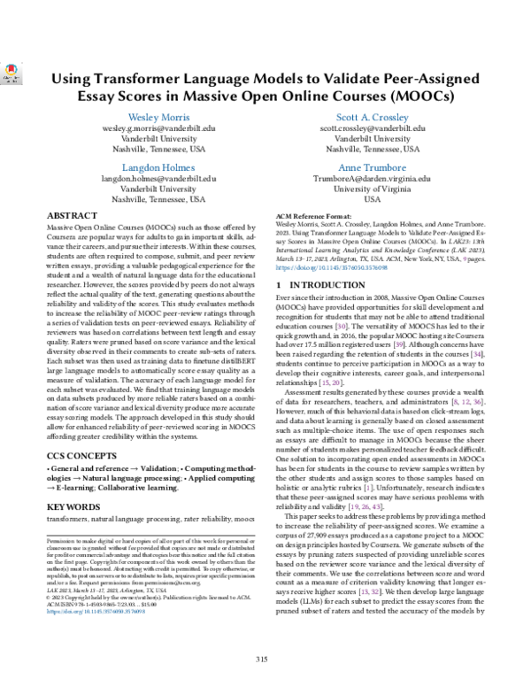 (PDF) Using Transformer Language Models to Validate Peer-Assigned Essay Scores in Massive Open ...