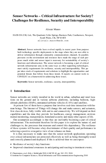 (PDF) Sensor Networks – Critical Infrastructure for Society? Challenges for Resilience, Security ...