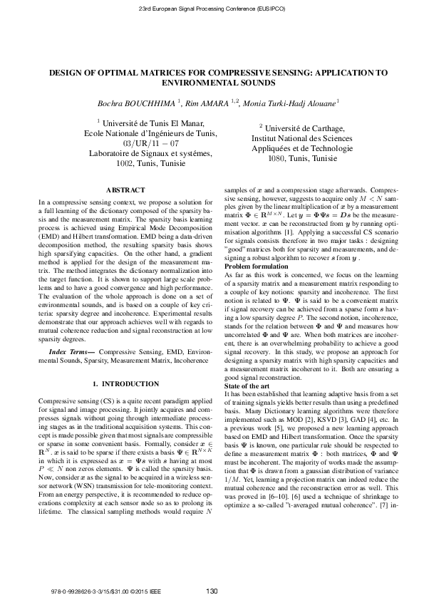 (PDF) Design of optimal matrices for compressive sensing: Application to environmental sounds ...