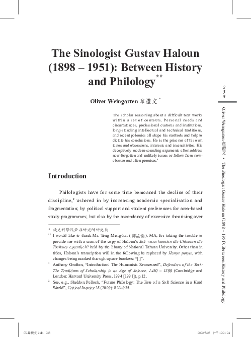(PDF) The Sinologist Gustav Haloun (1898 -1951): Between History and ...