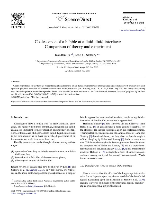 (PDF) Coalescence of a bubble at a fluid–fluid interface: Comparison of theory and experiment