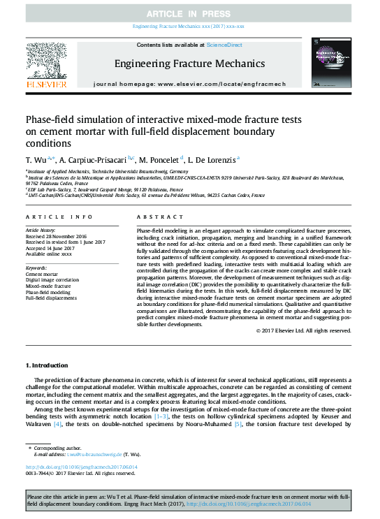 Pdf Phase Field Simulation Of Interactive Mixed Mode Fracture Tests On Cement Mortar With Full