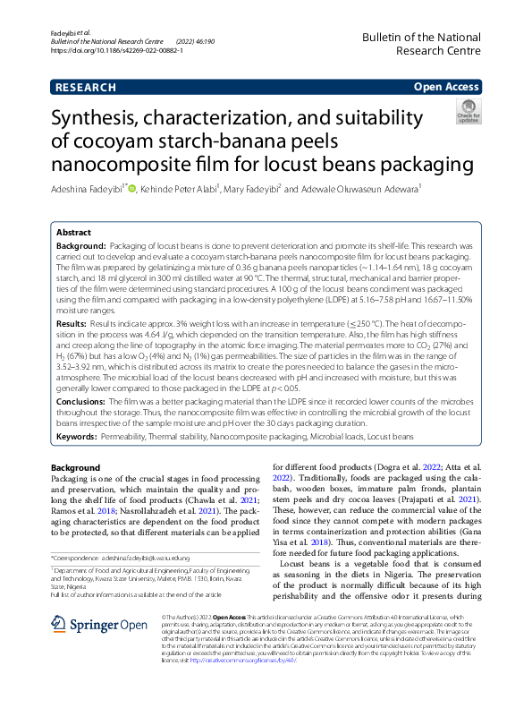 (PDF) Synthesis, characterization, and suitability of cocoyam starch-banana peels nanocomposite ...