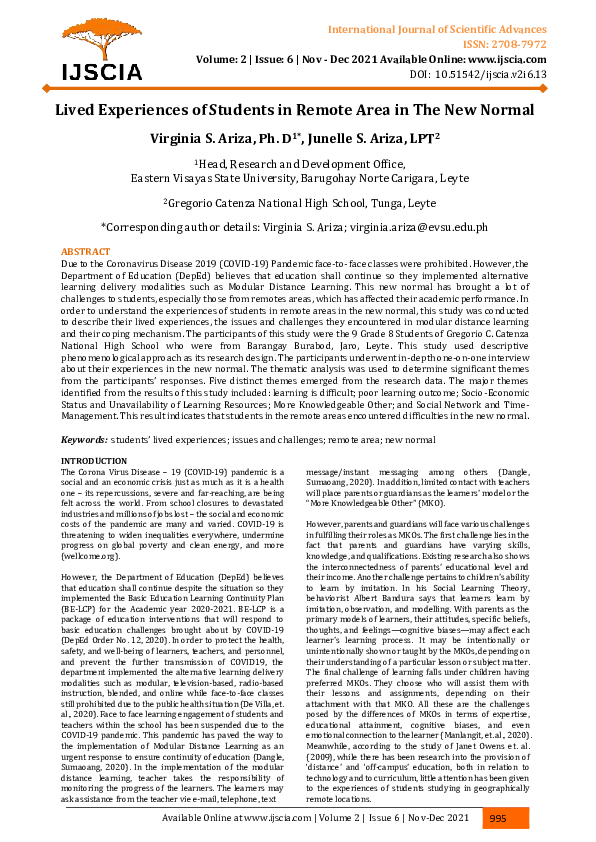 (PDF) Lived Experiences of Students in Remote Area in The New Normal