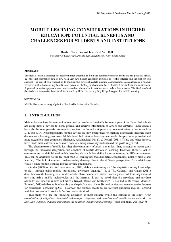 (PDF) Mobile Learning Considerations in Higher Education: Potential Benefits and Challenges for ...