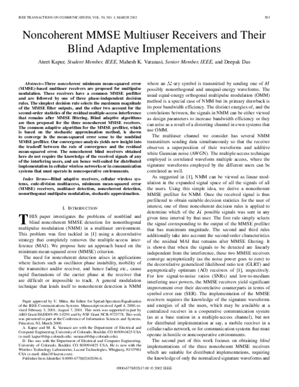 (PDF) Noncoherent MMSE multiuser receivers and their blind adaptive implementations