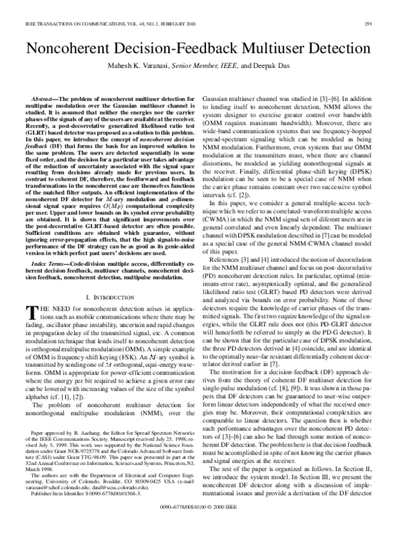 (PDF) Noncoherent decision-feedback multiuser detection