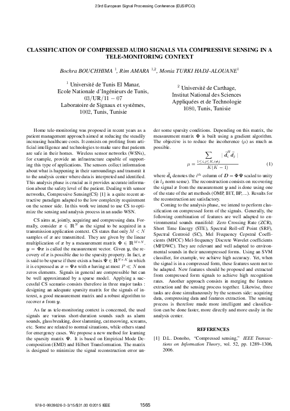 (PDF) Classification of Compressed Audio Signals via Compressive Sensing in a Tele-Monitoring ...