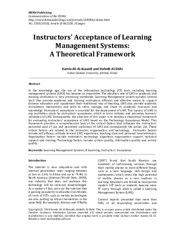 Pdf Instructors Acceptance Of Learning Management Systems A