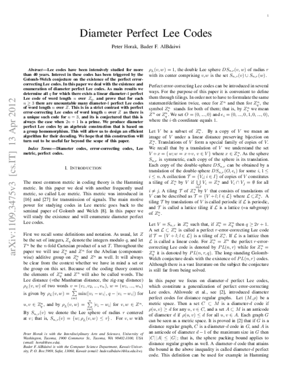 (PDF) Diameter Perfect Lee Codes