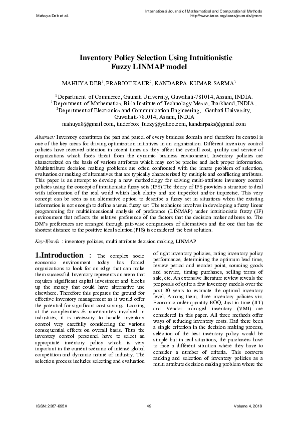 Inventory Policy Selection Using Intuitionistic Fuzzy LINMAP model