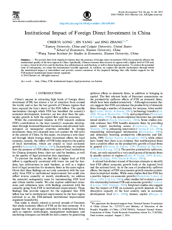 (PDF) Institutional Impact of Foreign Direct Investment in China