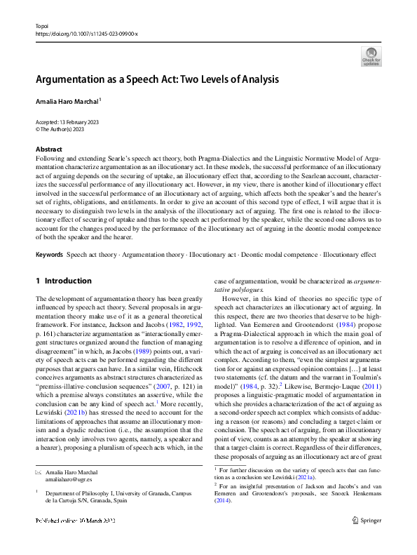 (PDF) Argumentation as a Speech Act: Two Levels of Analysis