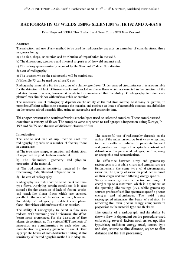 (PDF) Radiography of Welds Using Selenium 75, Ir 192 and X-Rays