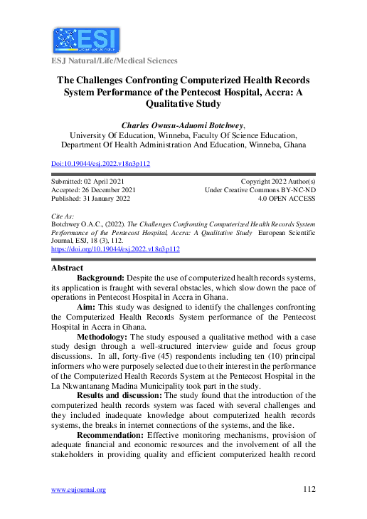 (PDF) The Challenges Confronting Computerized Health Records System Performance of the Pentecost ...