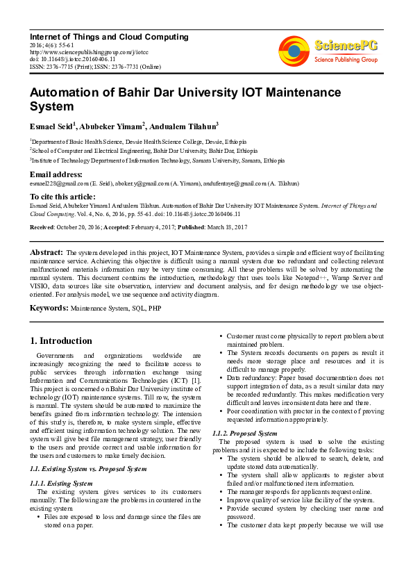 (PDF) Automation of Bahir Dar University IOT Maintenance System