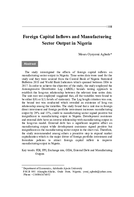 (PDF) Foreign Capital Inflows and Manufacturing Sector Output in Nigeria