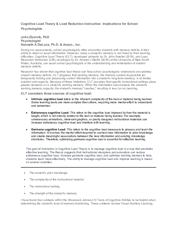 (DOC) Cognitive Load Theory & Load Reduction Instruction: Implications ...