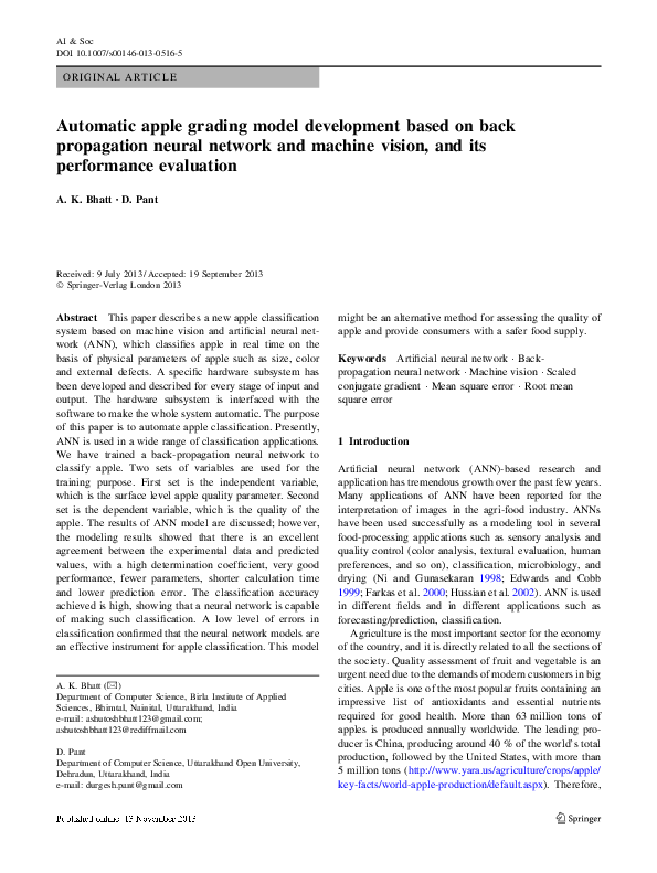 Pdf Automatic Apple Grading Model Development Based On Back Propagation Neural Network And