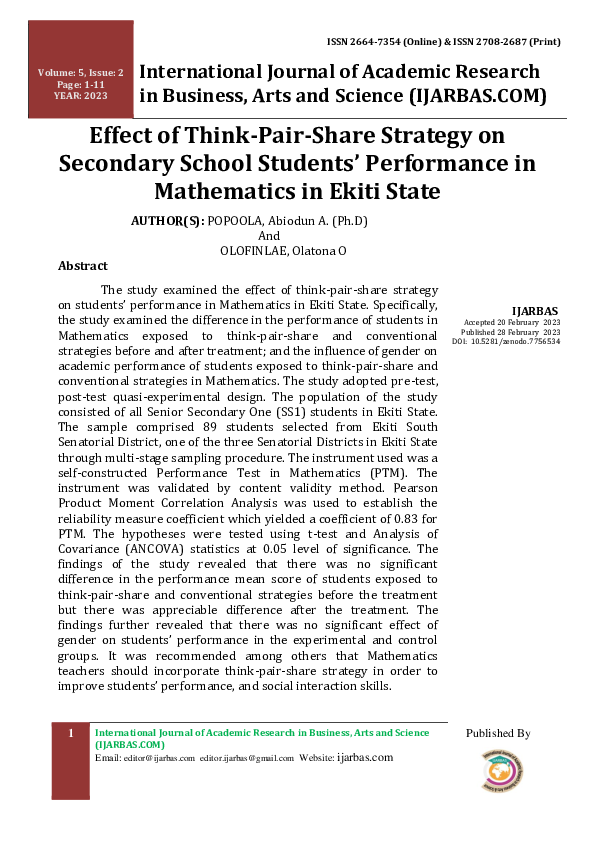 (PDF) Effect of Think-Pair-Share Strategy on Secondary School Students ...