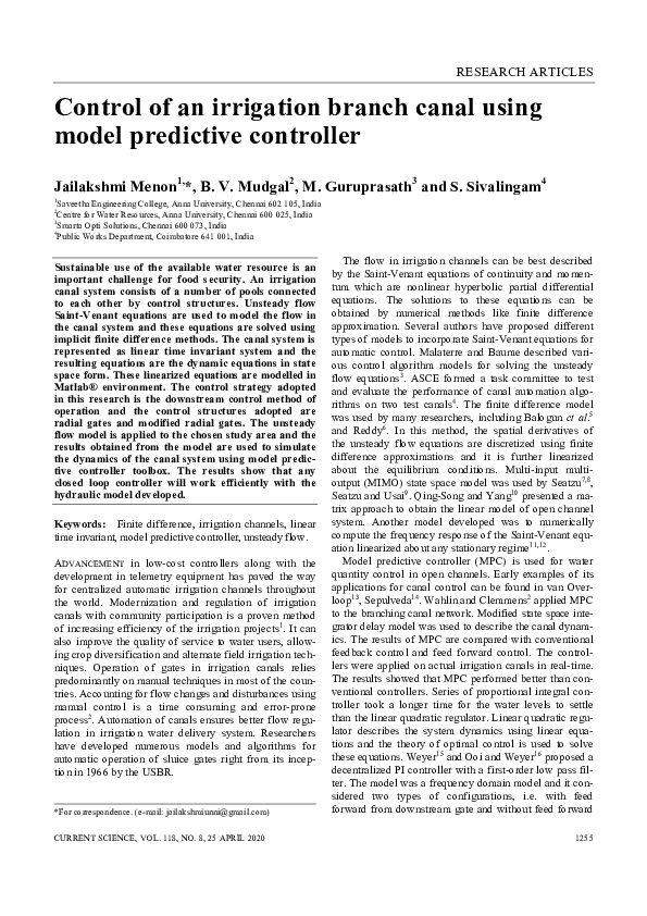 (PDF) Control of an Irrigation Branch Canal using Model Predictive Controller