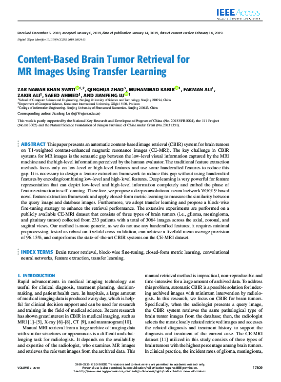 (PDF) Content-Based Brain Tumor Retrieval for MR Images Using Transfer Learning