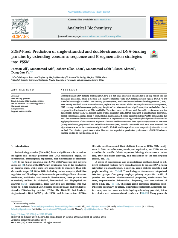 (PDF) SDBP-Pred: Prediction of single-stranded and double-stranded DNA-binding proteins by ...