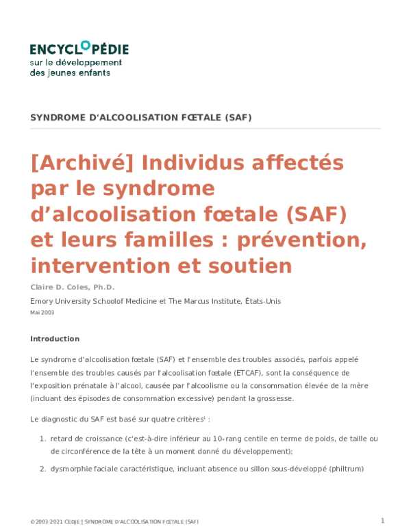 (PDF) Individus affectés par le syndrome d'alcoolisation fœtale (SAF ...