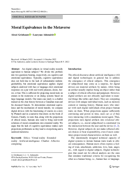 (PDF) Moral Equivalence in the Metaverse