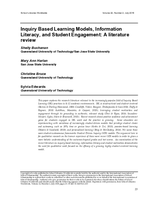 (PDF) Inquiry Based Learning Models, Information Literacy, and Student Engagement: A literature ...