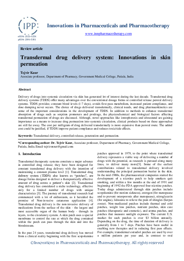(PDF) Transdermal drug delivery system : Innovations in skin permeation