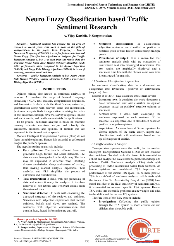 (PDF) Neuro Fuzzy Classification based Traffic Sentiment Research