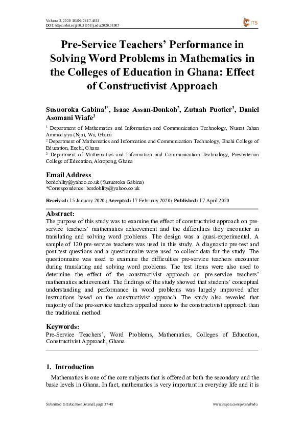 (PDF) Pre-Service Teachers' Performance in Solving Word Problems in Mathematics in the Colleges ...