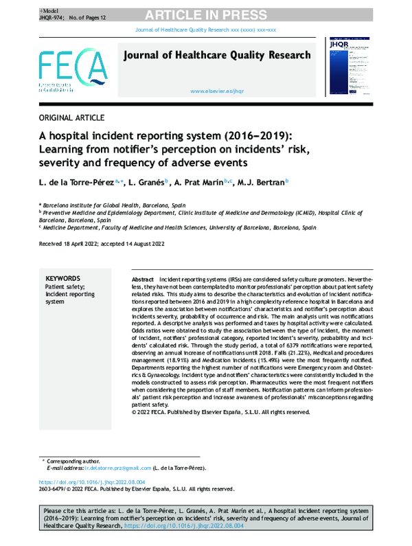 (PDF) A hospital incident reporting system (2016–2019): Learning from ...