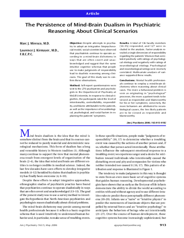 (PDF) The Persistence of Mind-Brain Dualism in Psychiatric Reasoning ...