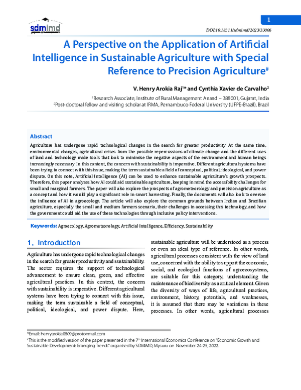 (PDF) A Perspective on the Application of Artificial Intelligence in Sustainable Agriculture ...