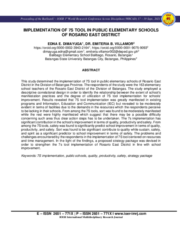 (PDF) Implementation of 7S Tool in Public Elementary Schools of Rosario East District