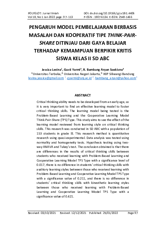 (PDF) Pengaruh Model Problem-Based Learning Dan Cooperative Learning Tipe Think-Pair-Share ...