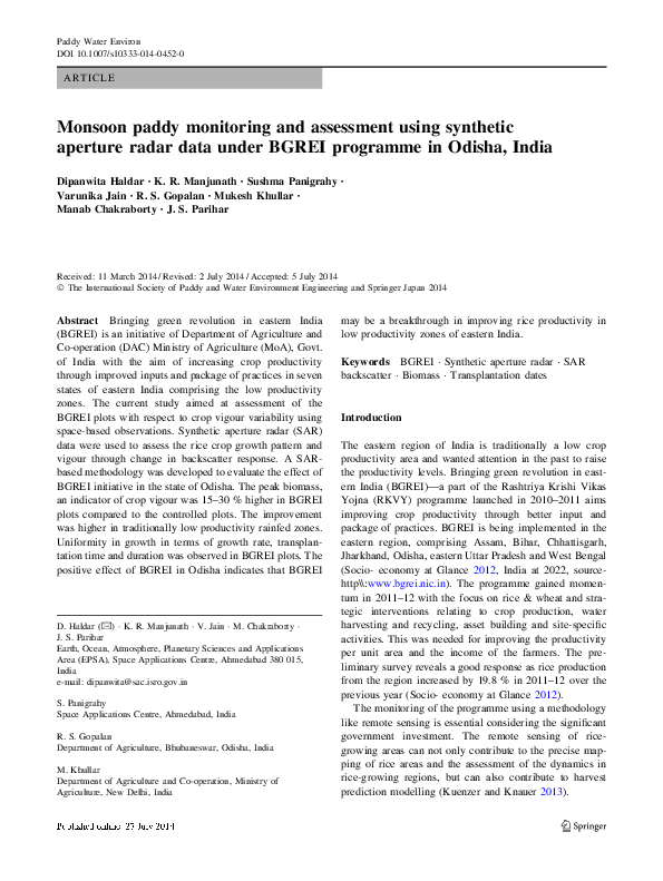 (PDF) Monsoon paddy monitoring and assessment using synthetic aperture radar data under BGREI ...