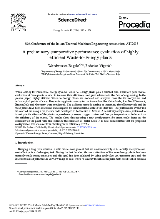 (PDF) A Preliminary Comparative Performance Evaluation of Highly Efficient Waste-to-Energy Plants