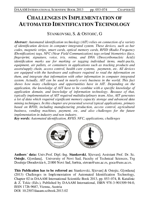 (PDF) Challenges in Implementation of Automated Identification Technology